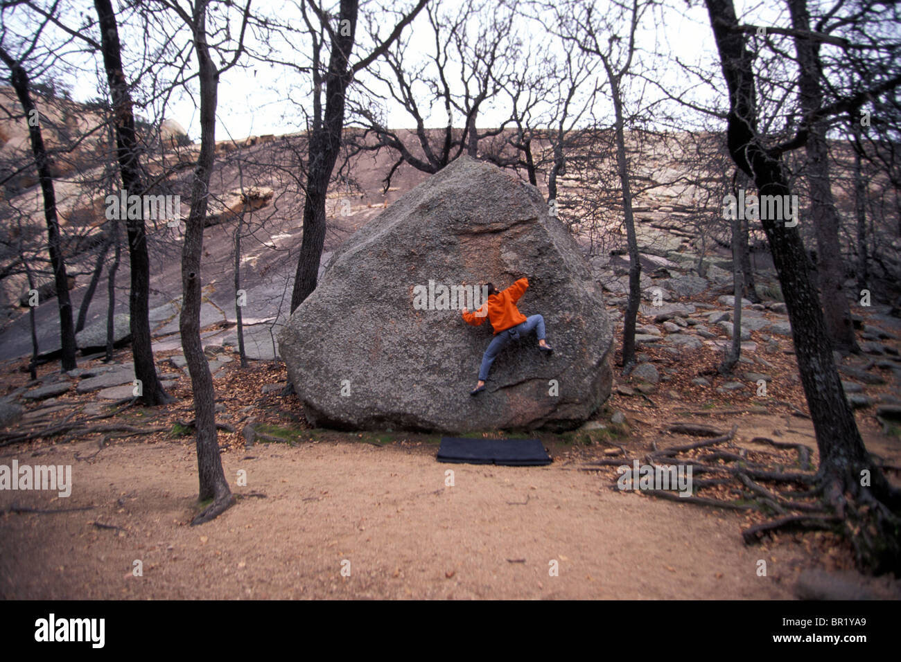 A female climber bouldering in the woods near Austin, Texas Stock Photo ...