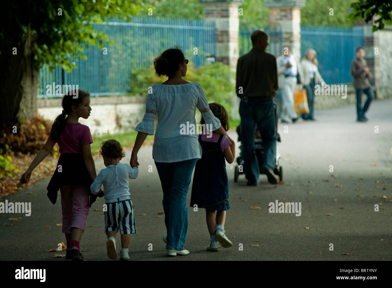 Paris, France - French Family, Mum with Children, from Behind, Wlaking ...