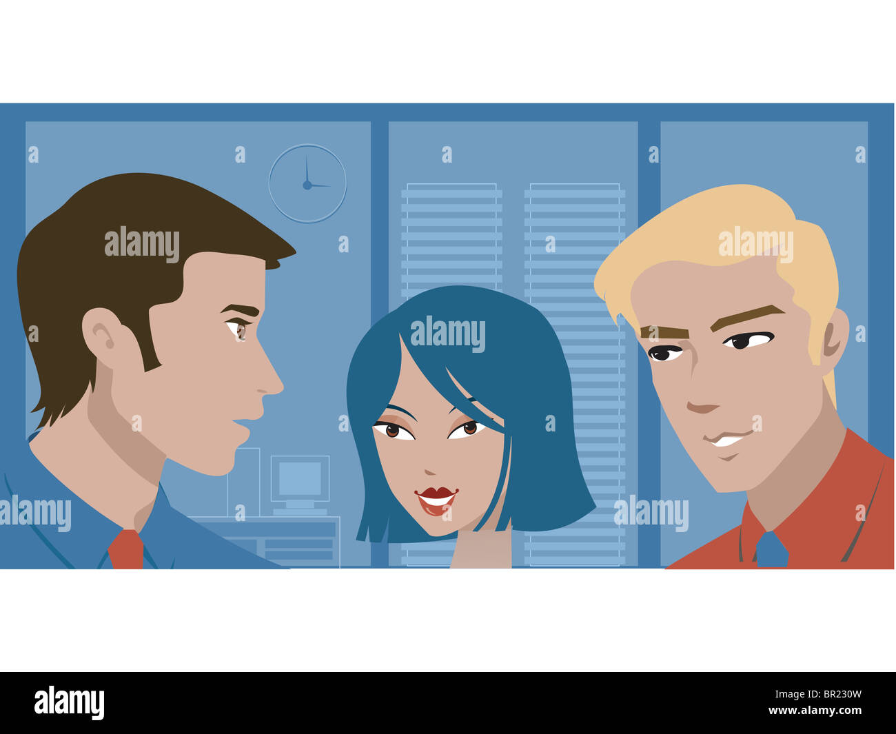 Faces of three colleagues talking at work Stock Photo - Alamy