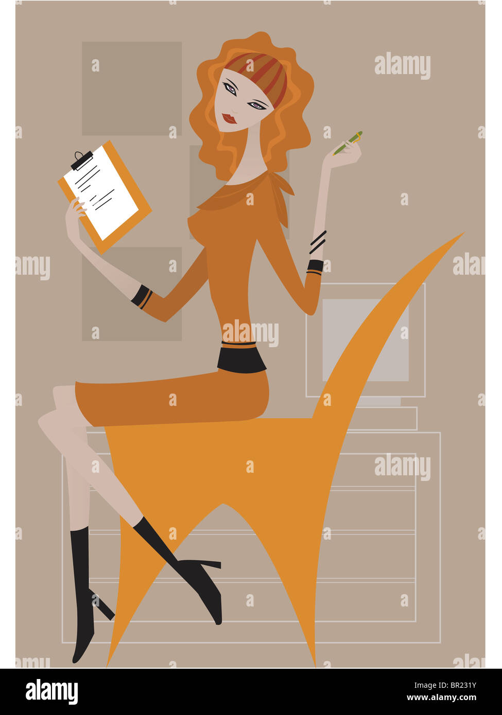 Side view of woman sitting and holding clipboard, full-length Stock ...