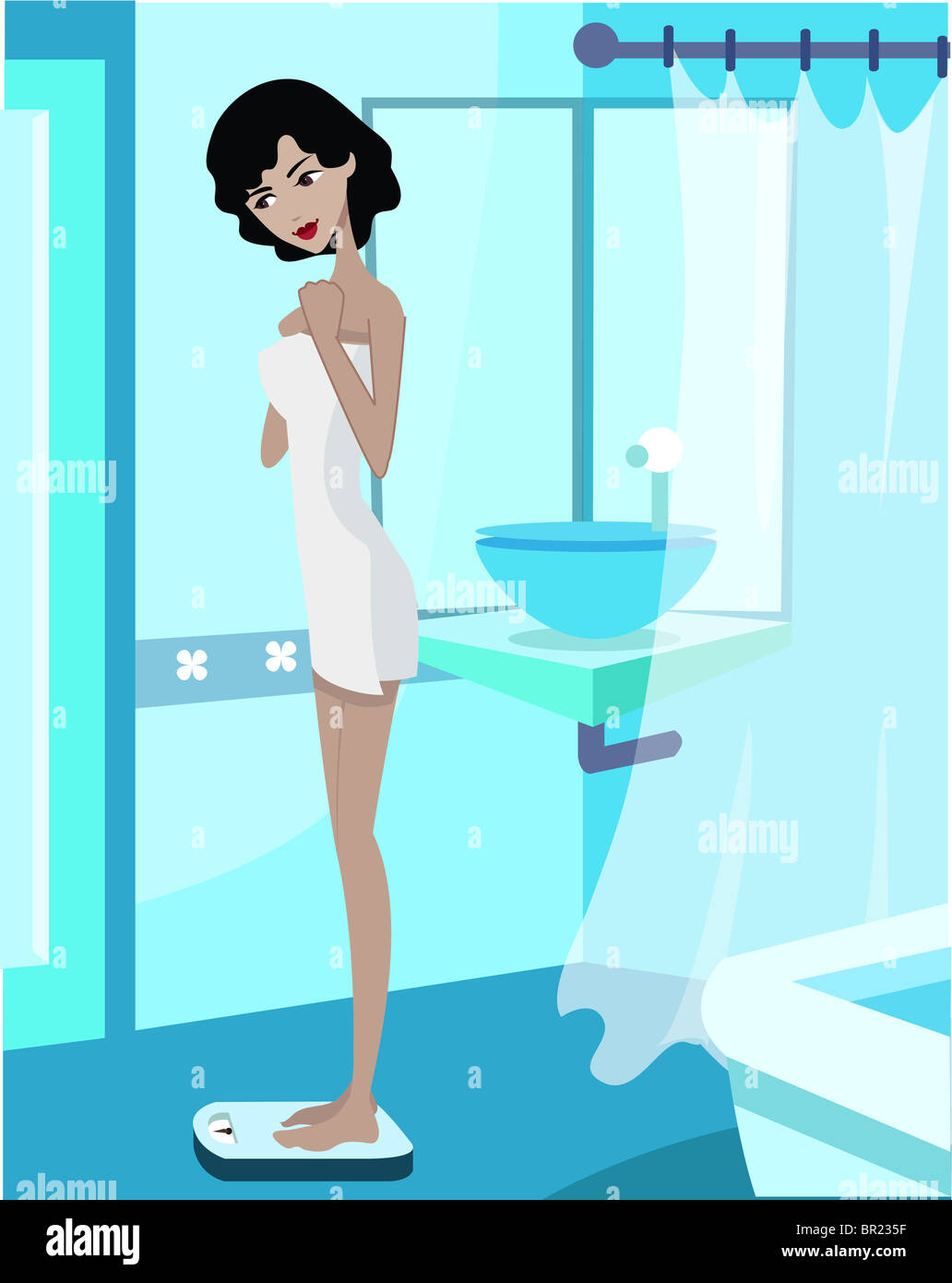 Side view of a woman in towel, standing on a weight scale in her ...