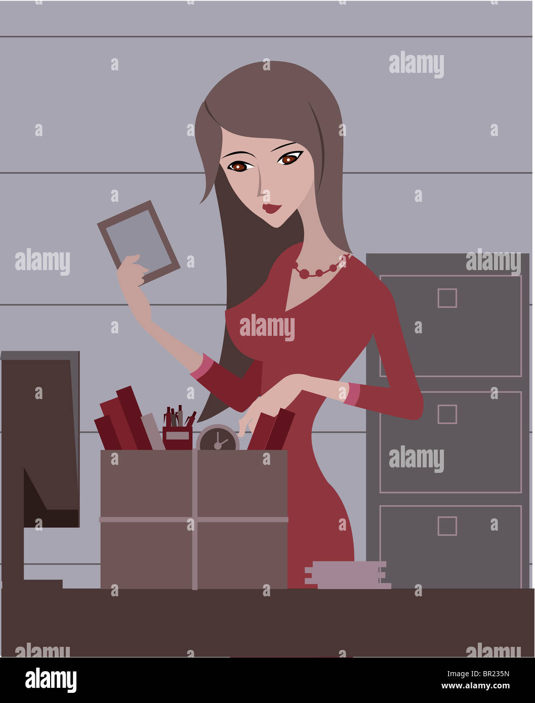 A woman looking for something in a box on her office desk Stock Photo ...