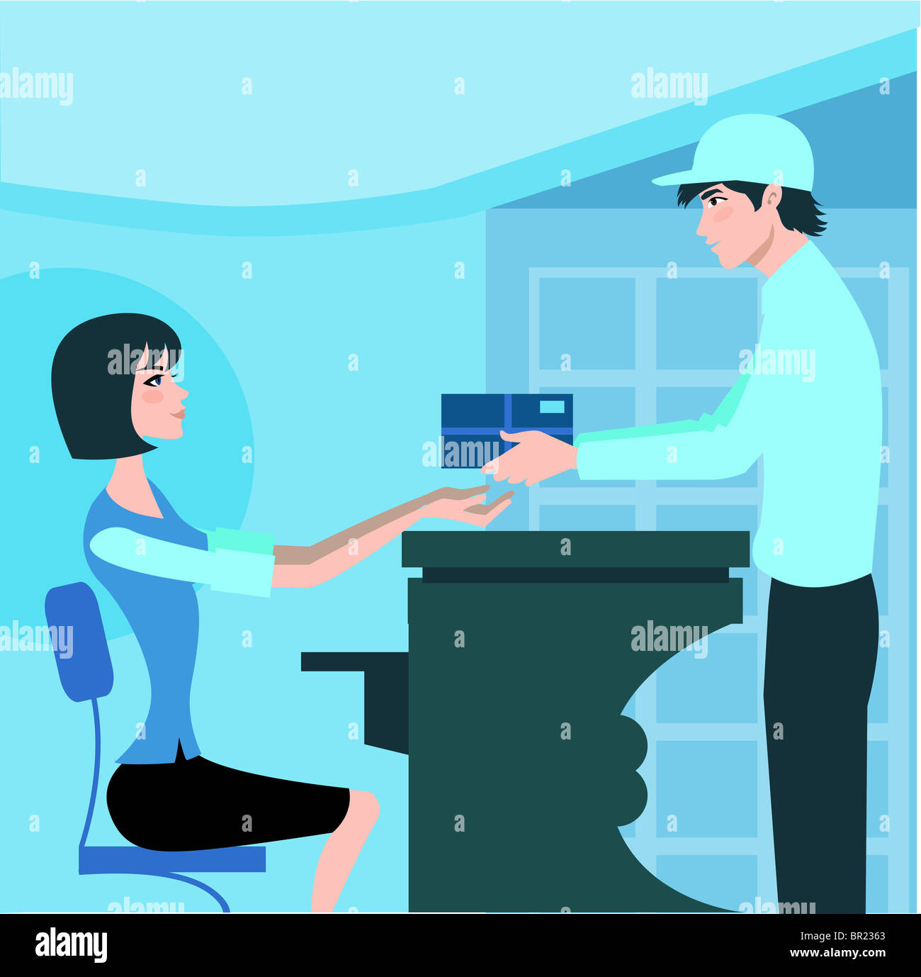 Side view of a delivery man handing a package to the receptionist Stock ...
