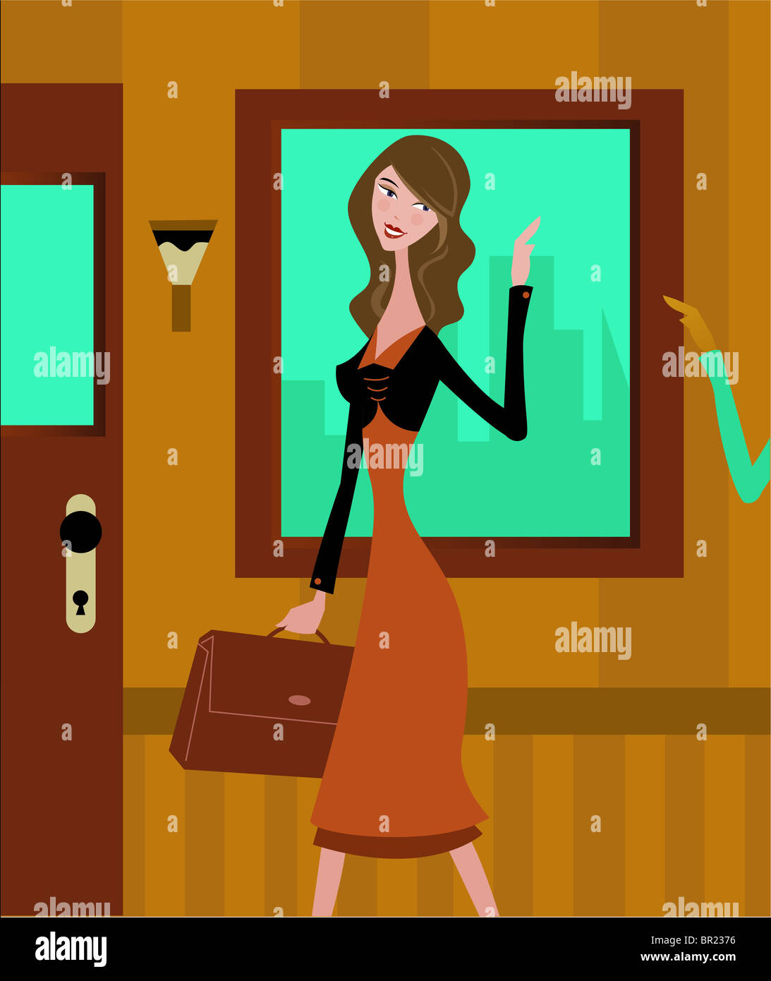 A woman waving and leaving the office Stock Photo - Alamy