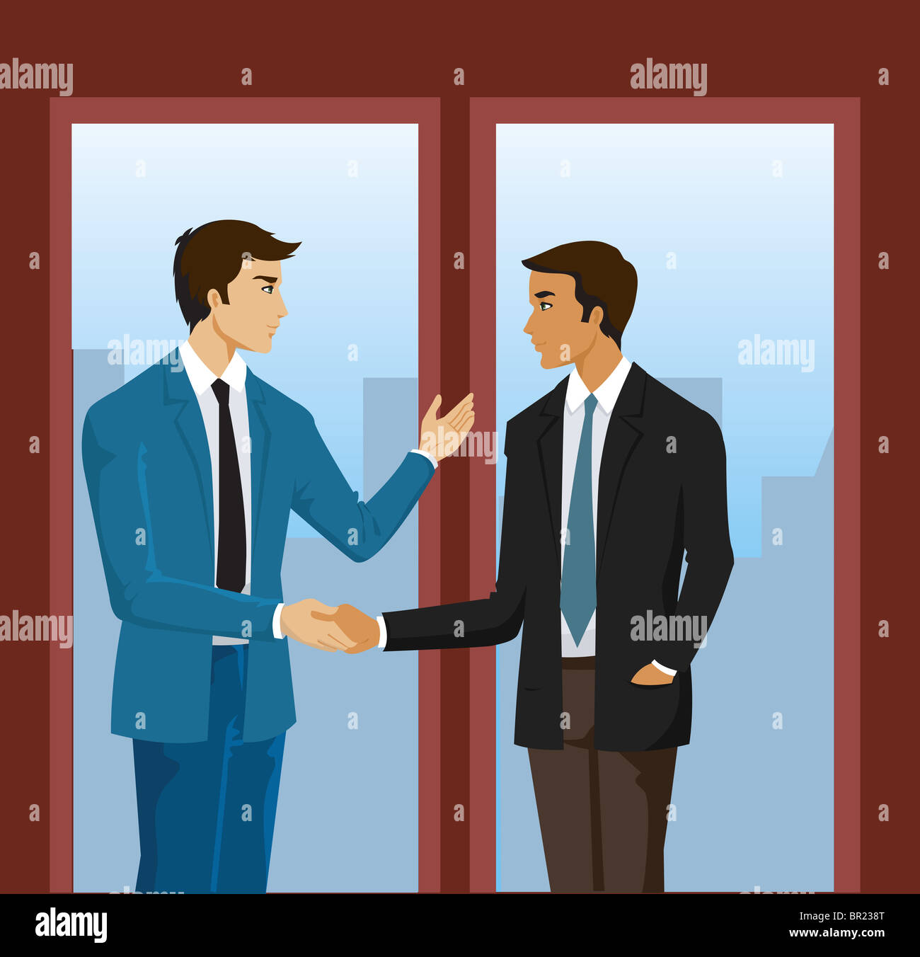 Two businessmen shaking hands in front of glass doors and the city ...