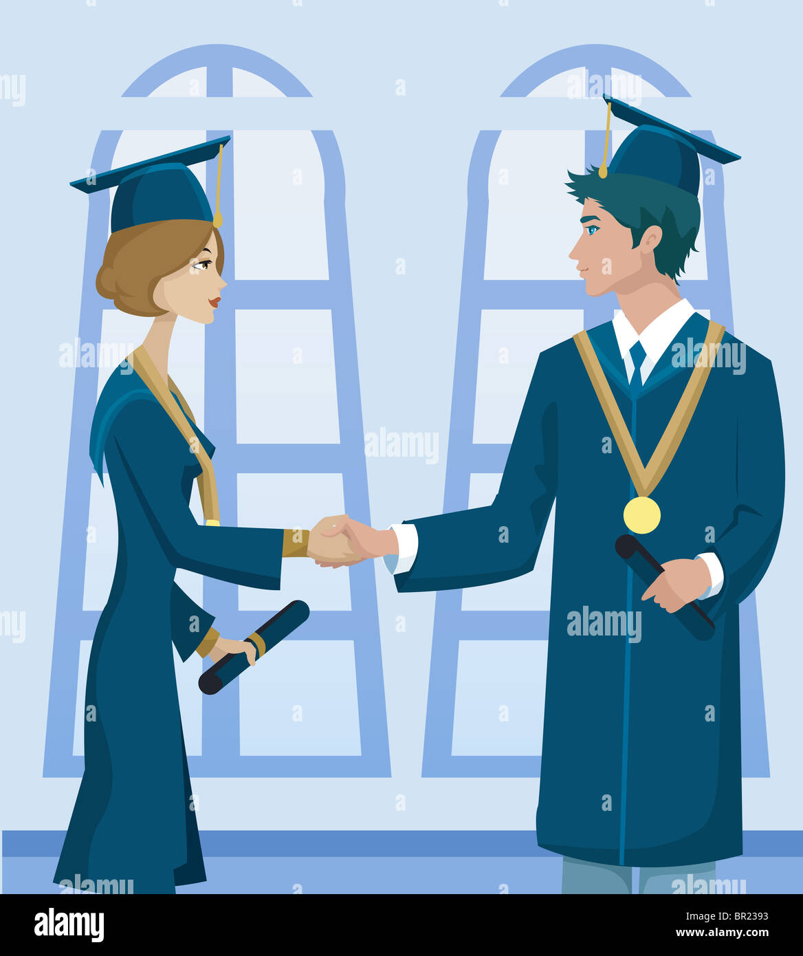 Two students in graduation cap and gown holding diplomas and shaking ...