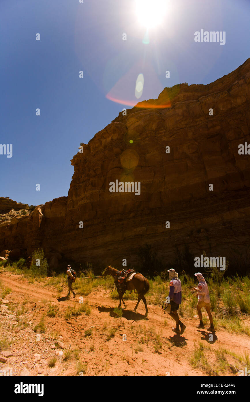 Adventure racers leading a horse and hiking in a race in Moab, Utah ...