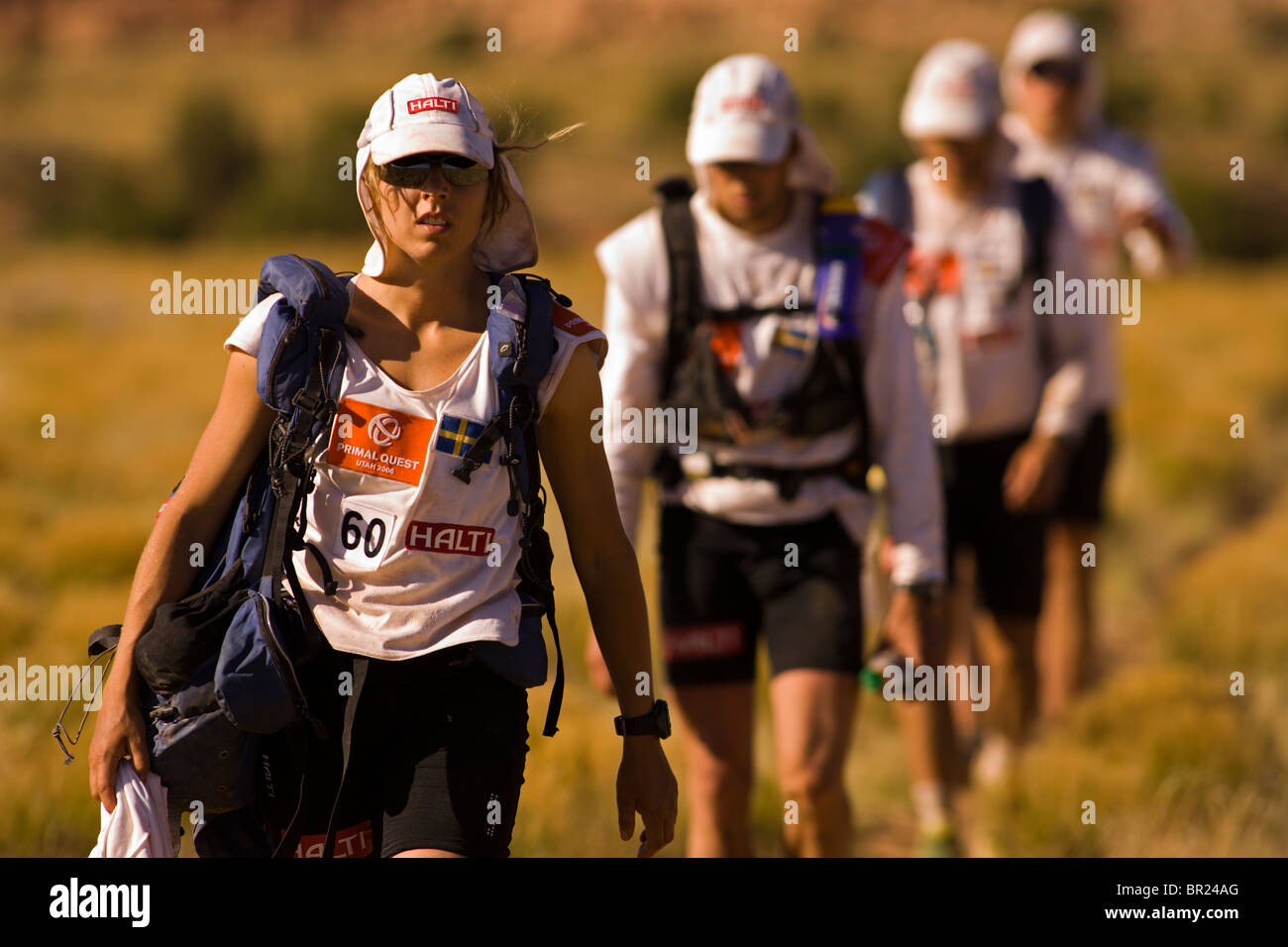 adventure racers hiking in the desert in a race in Moab, Utah Stock ...
