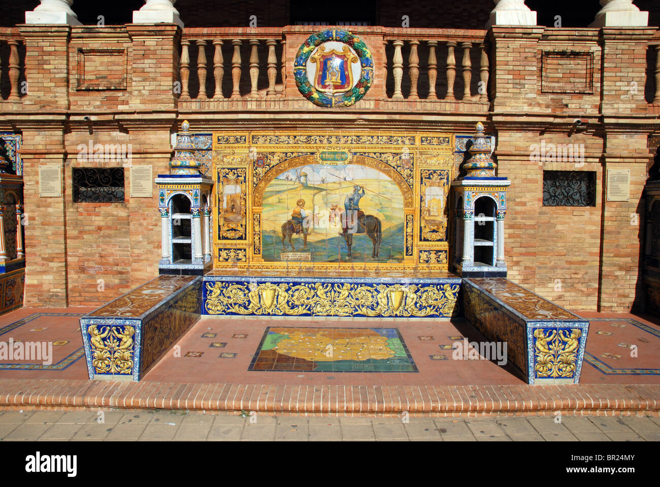 Tiled bench area depicting regions of Spain, (Ciudad Real) in the Plaza ...