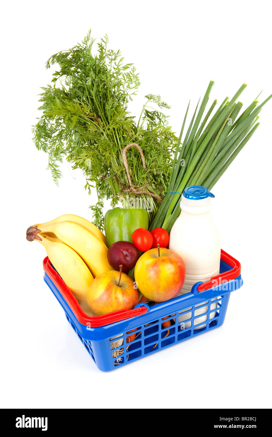 filled with grocery blue red shopping basket isolated on white ...