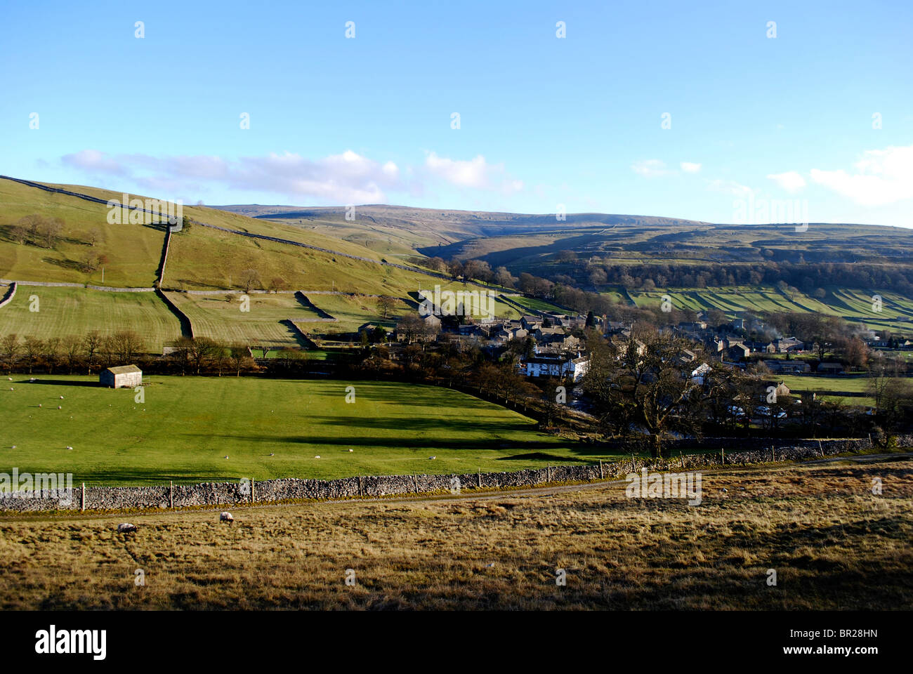 The U shaped valley of the River Wharfe in Wharfedale North Yorkshire ...