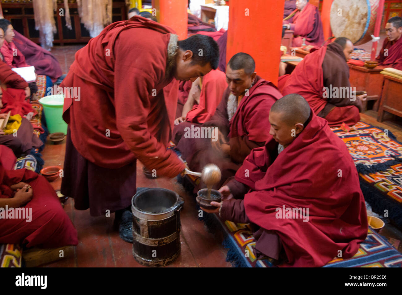 Tibetan Buddhist monks are served meal during morning prayers, Juli ...