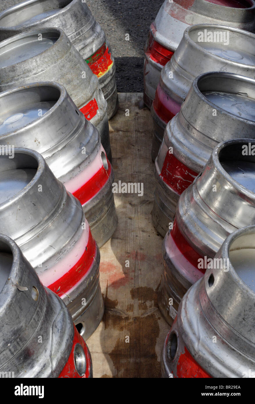 Empty beer cask draining after being cleaned outside a microbrewery ...