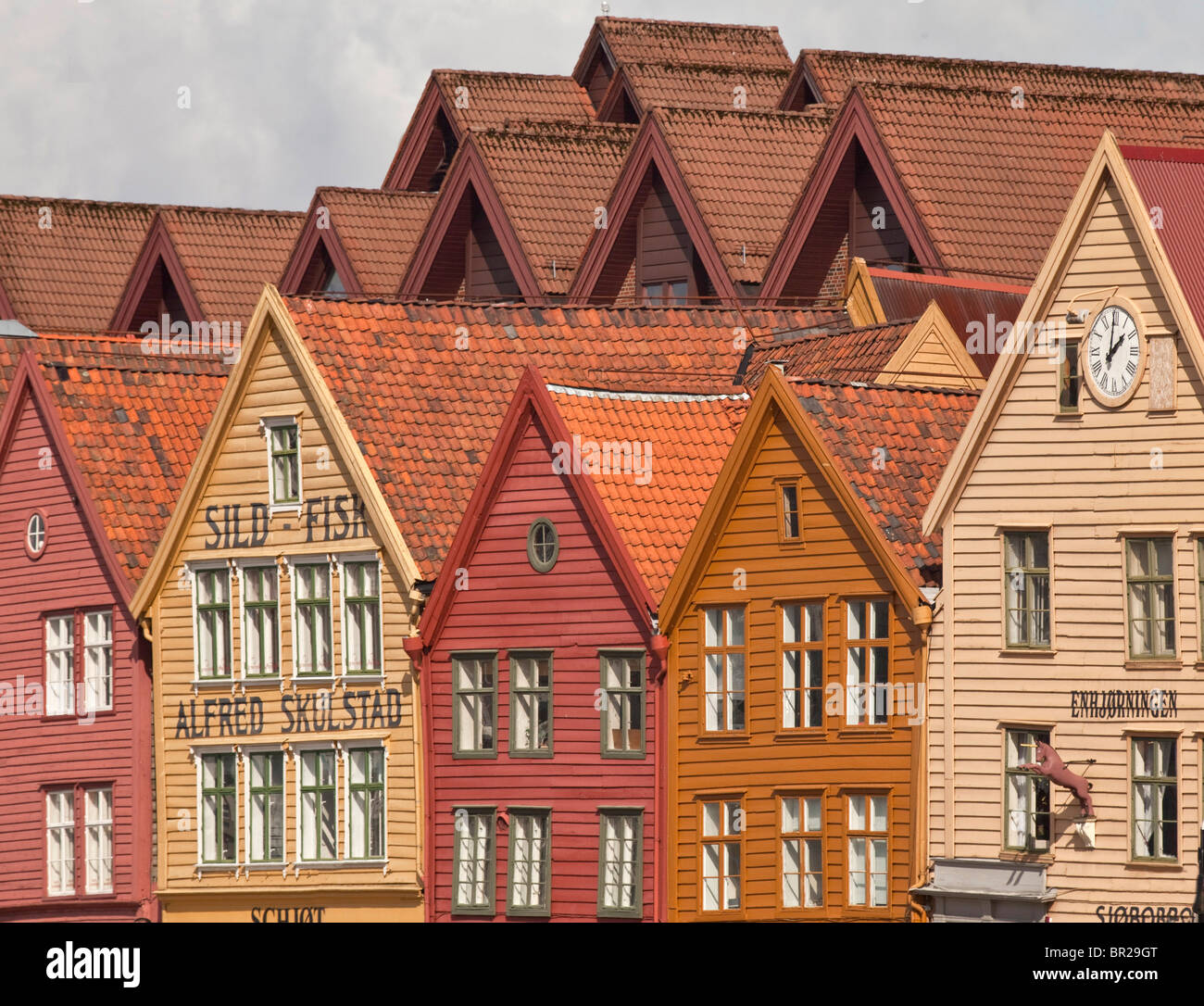 Bergen, Norway. Hanseatic wharf Bryggen wooden boarded buildings. A ...