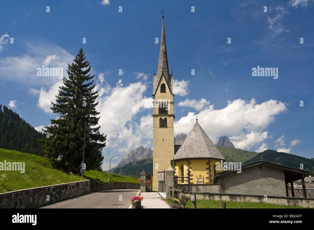 small church in Alba di Canazei, Trentino, Italy. Canazei is a famuos ...