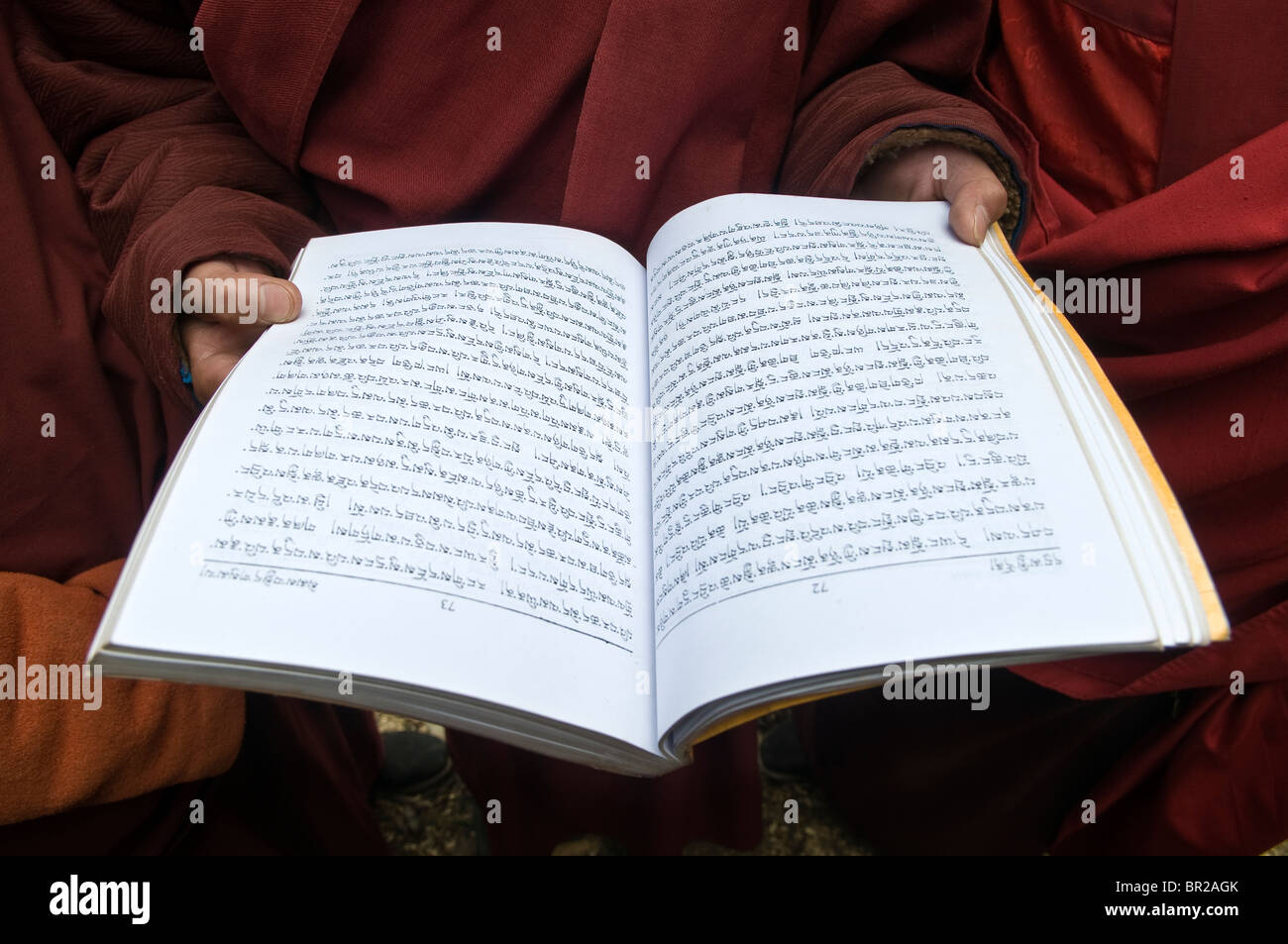 Young Tibetan Buddhist monks hold scriptures after prayers, Juli ...