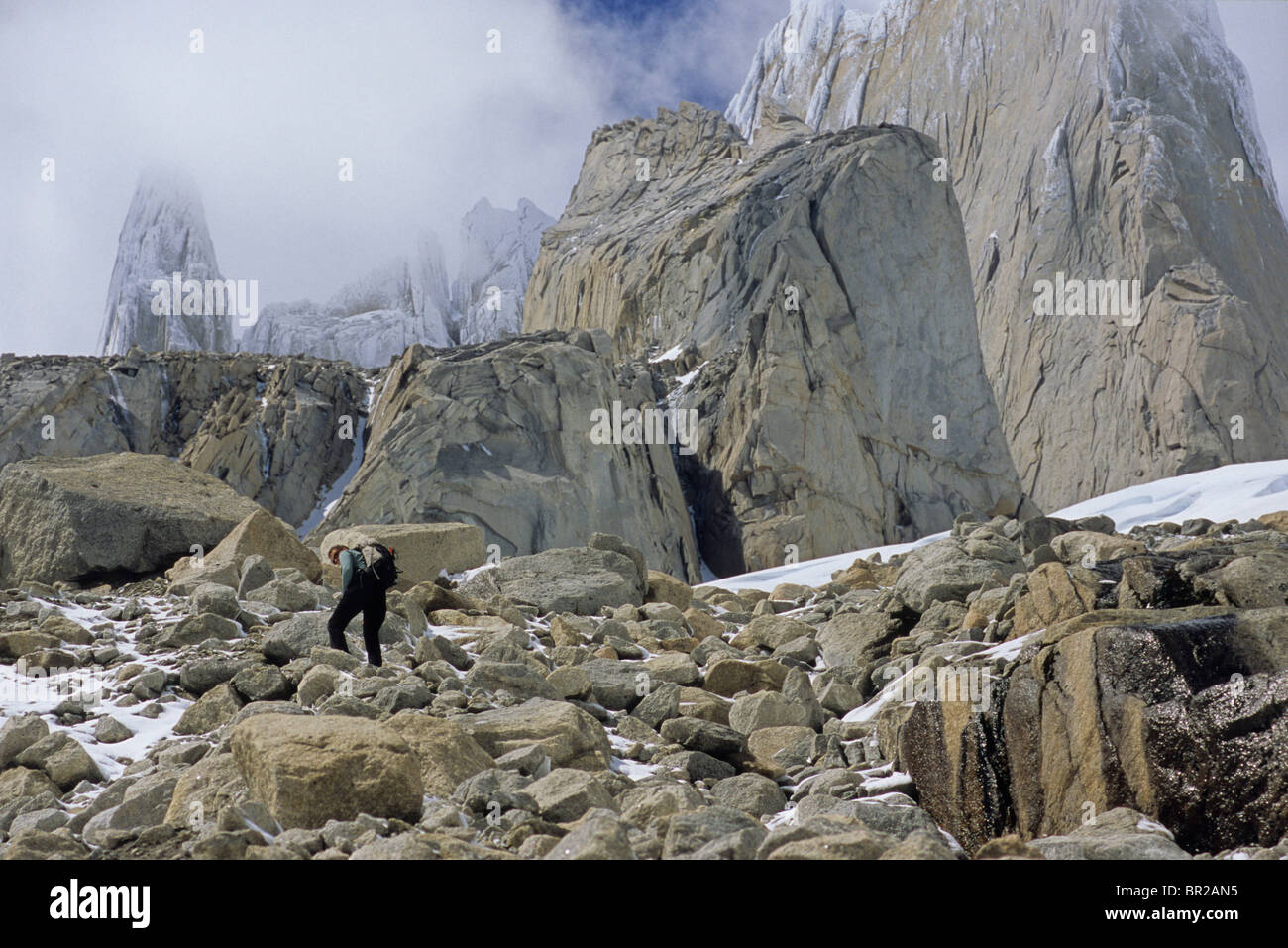 A climber approaches the Southwest Pillar of Cerro Pollone in Argentine ...