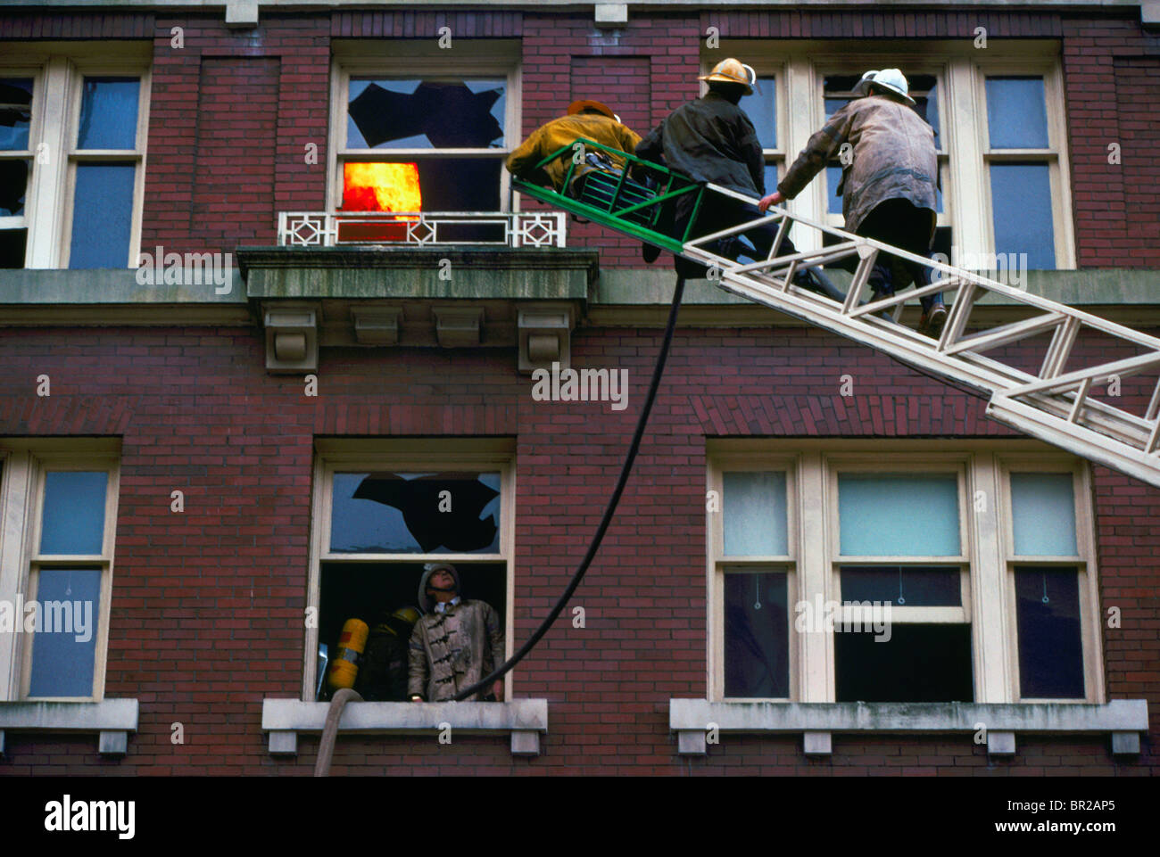 Firefighters / Firemen on Ladder fighting Fire with Hose through Broken ...