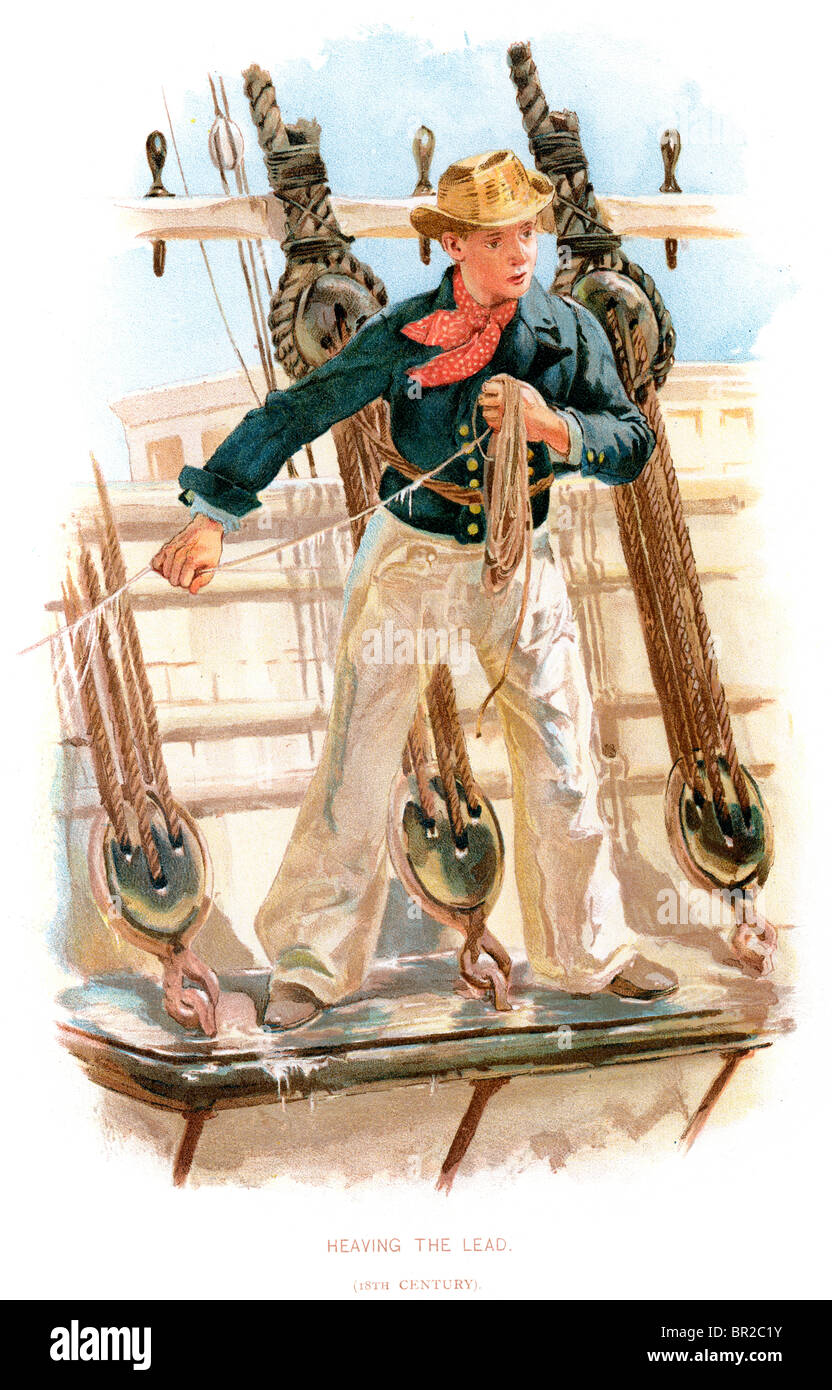 An 18th century sailor of the Royal Navy Heaving the Lead Stock Photo ...