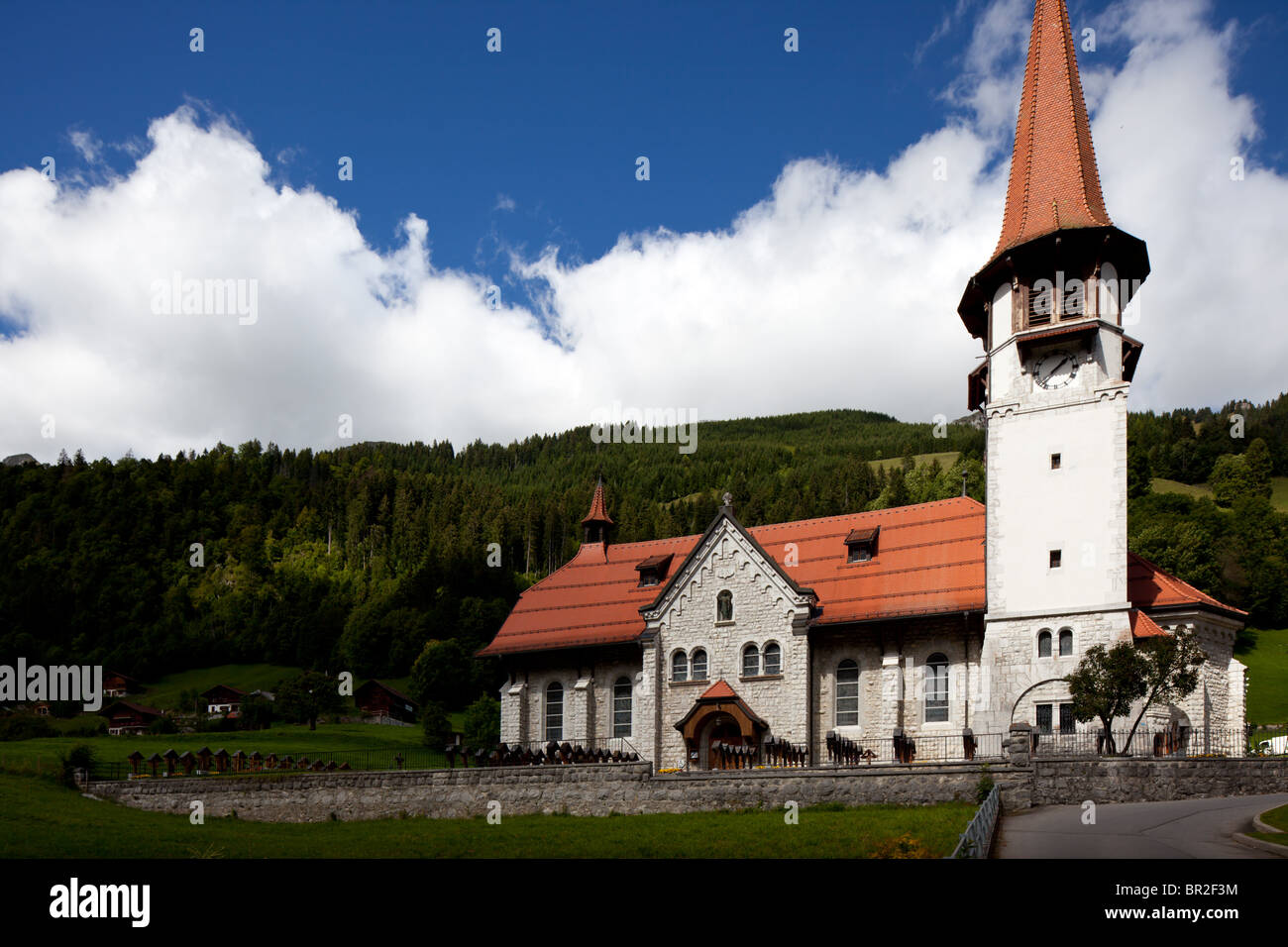 A typical Swiss church / kirche in the village of Jaun, Switzerland ...