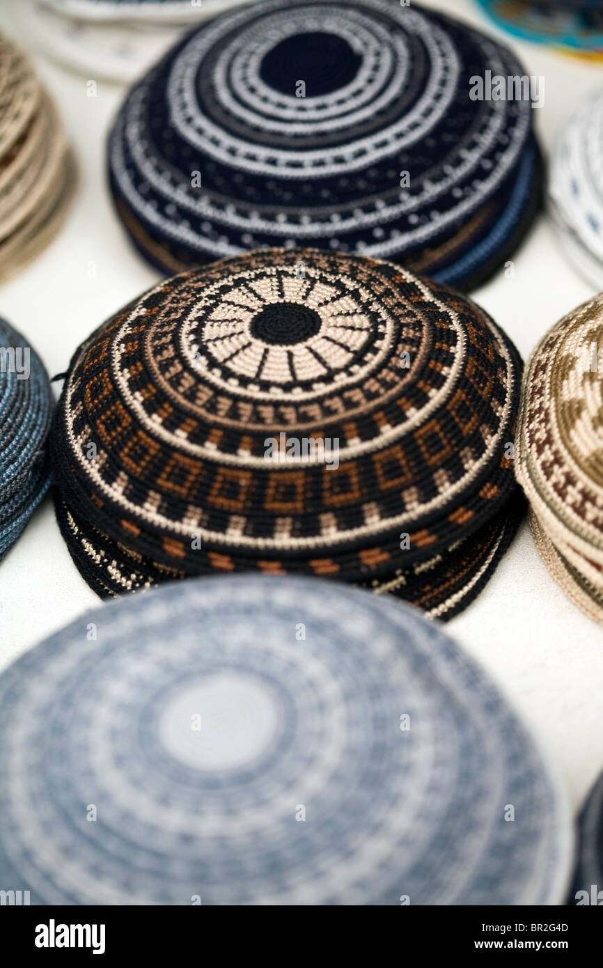 Details of kipas on a stall at the Mahane Yehuda Market, Jerusalem ...