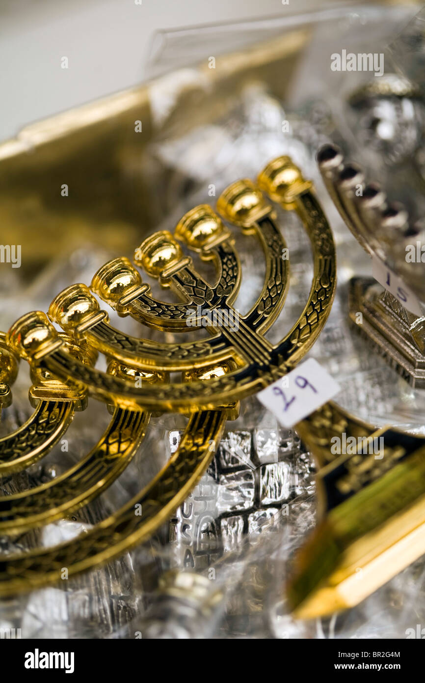 Details of candlesticks known as menorah, on a stall at the Mahane ...