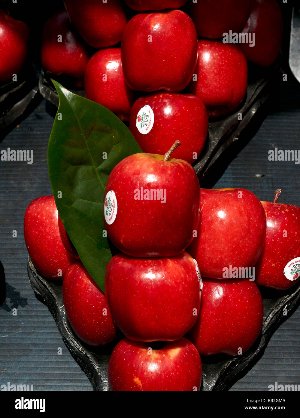 Red Apples. Market stall display of bright red ripened apples Stock ...