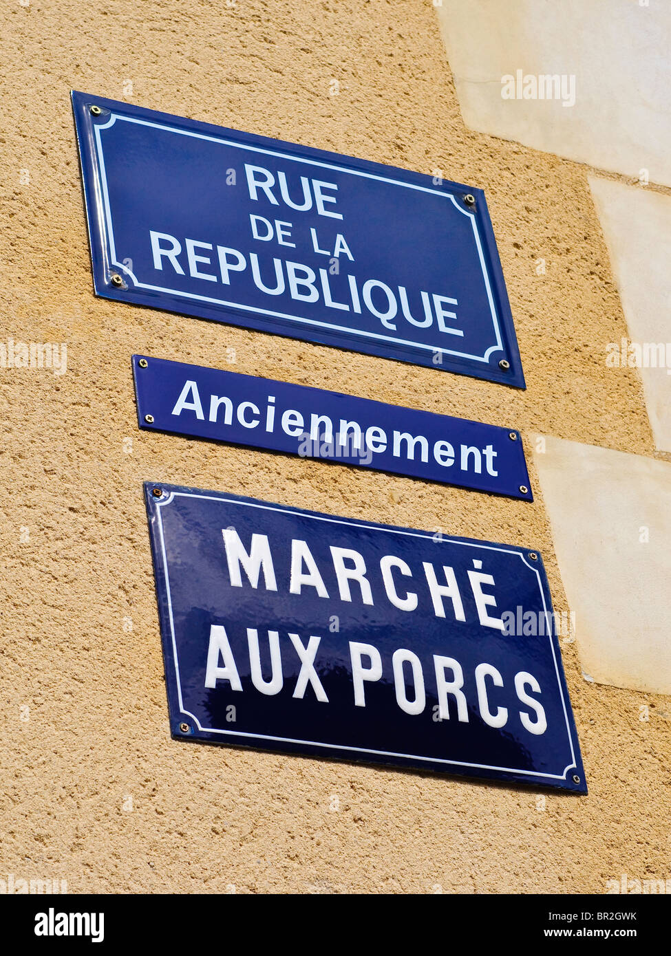 French blue enamel signs "Rue de la Republique" (Republic Street) and ...