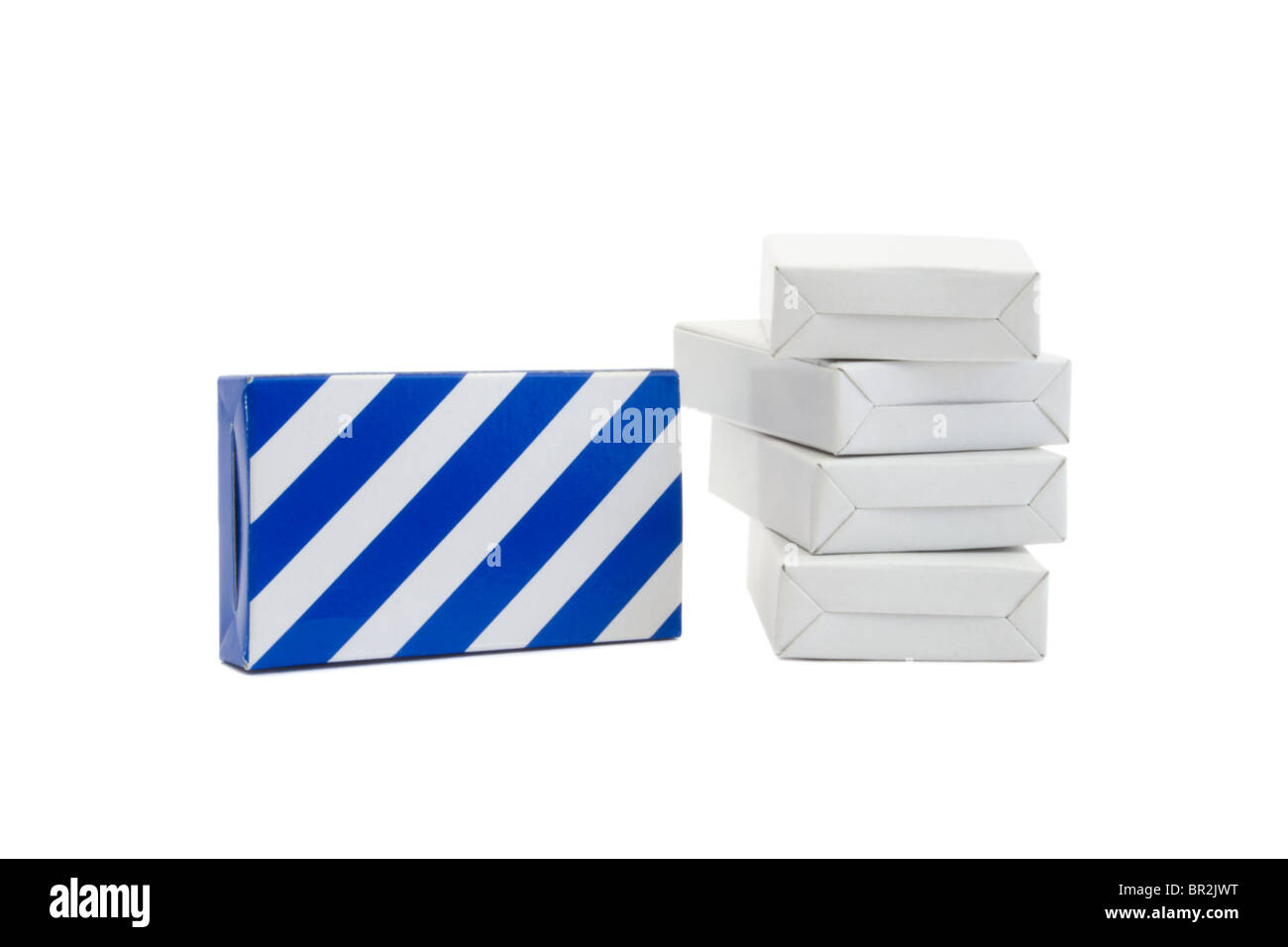 Blue striped and white carton boxes isolated on white background Stock ...