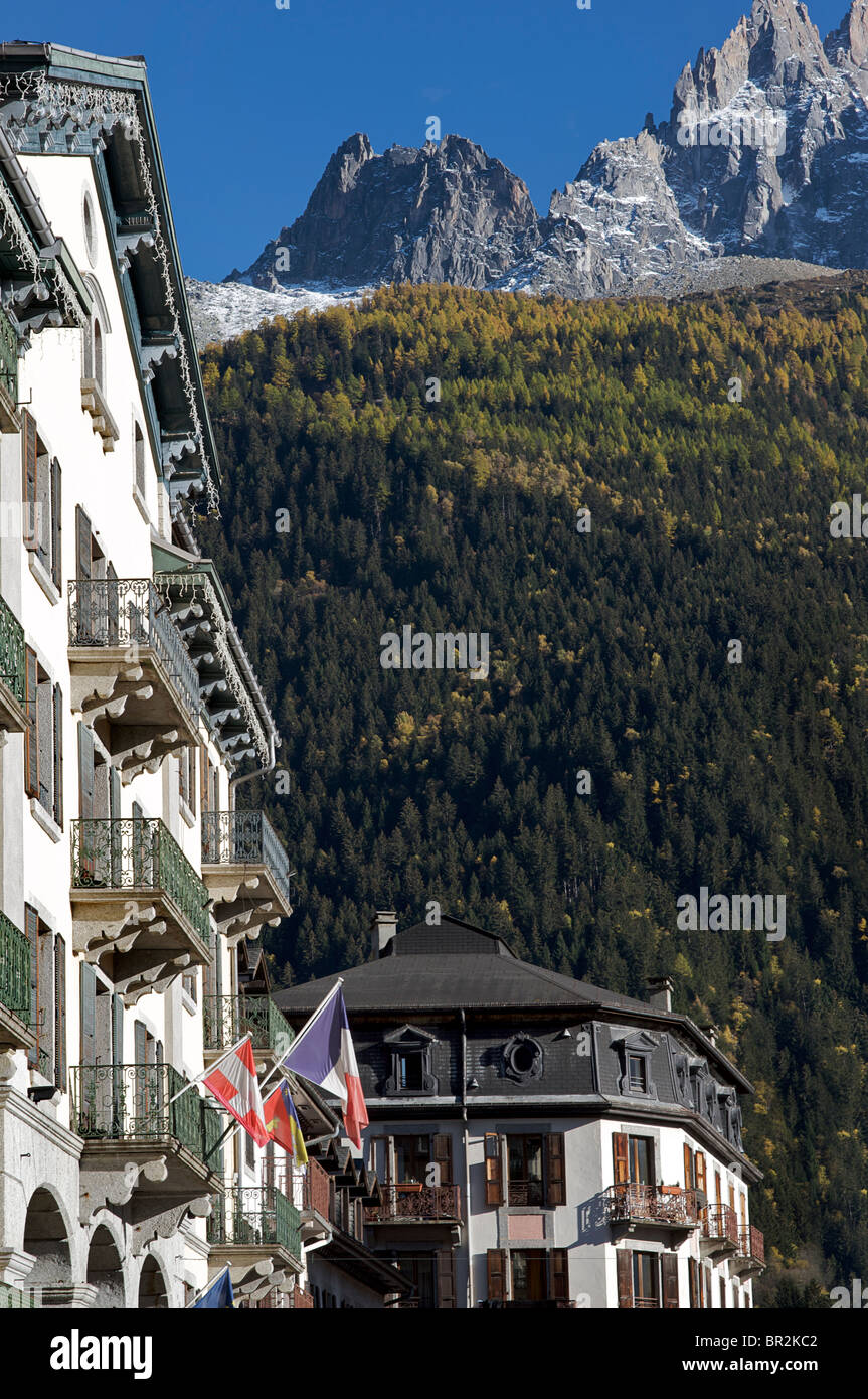 Street cafe, Chamonix, The Alps, France. Aiguille du Midi (top right ...
