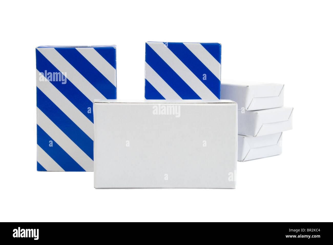 Blue striped and white carton boxes isolated on white background Stock ...