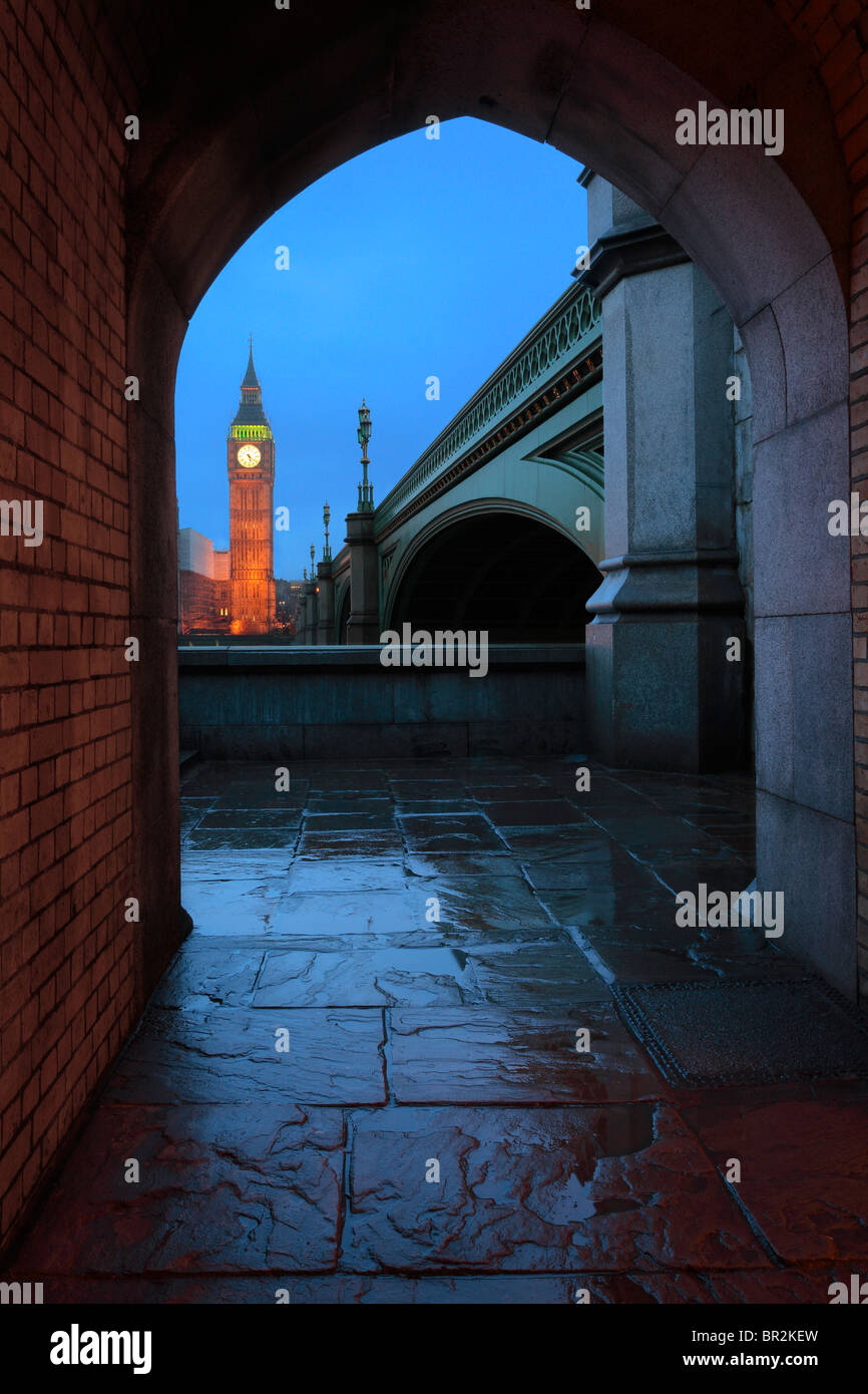 Big Ben in the rain as seen from beneath Westminster Bridge in London ...