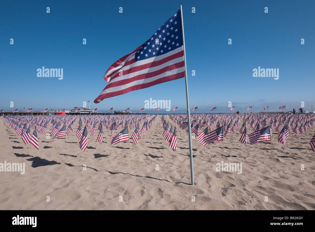 American flags, one for each victim of 9-11 terror attack arranged in ...