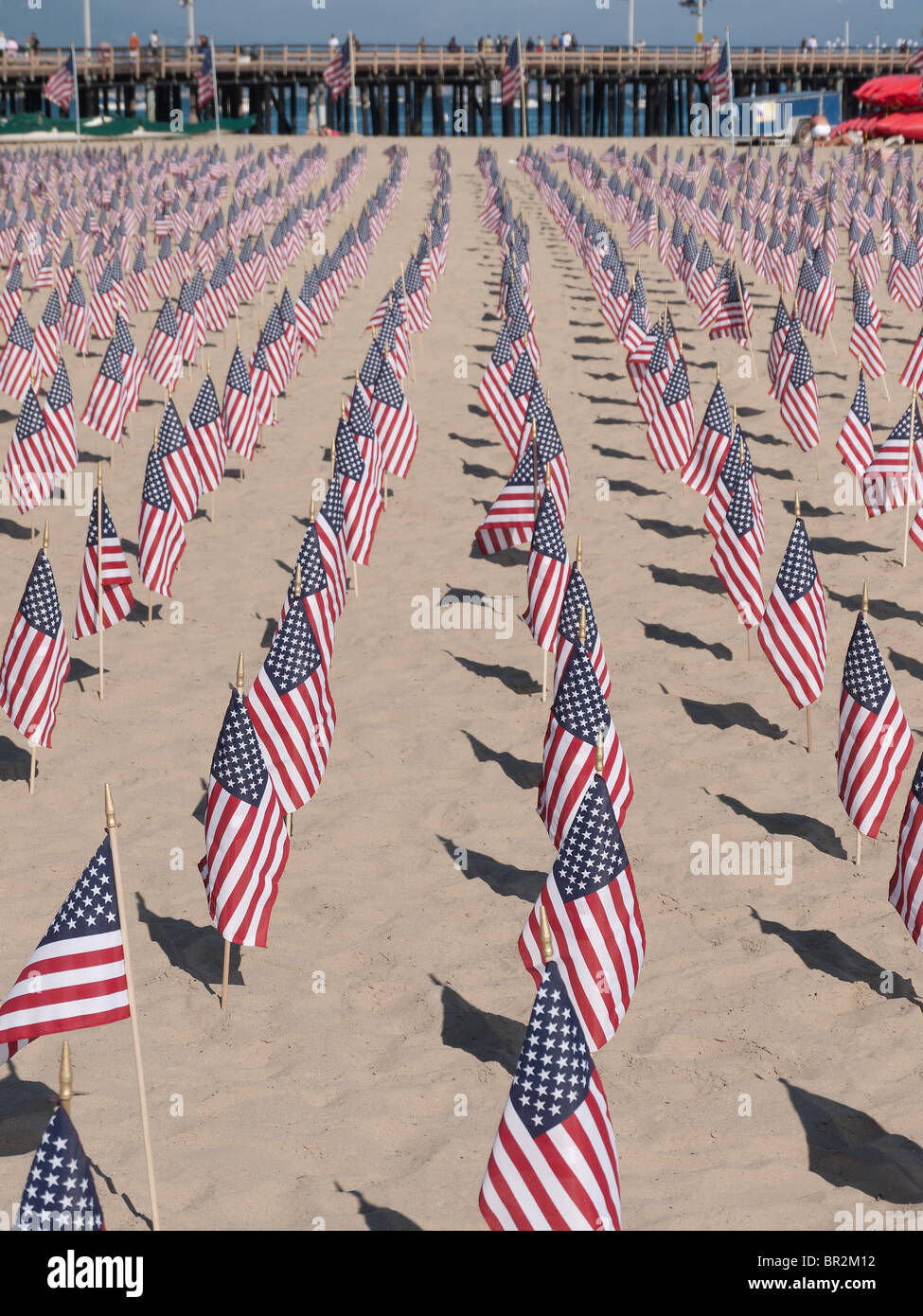 American flags, one for each victim of 9-11 terror attack arranged in ...