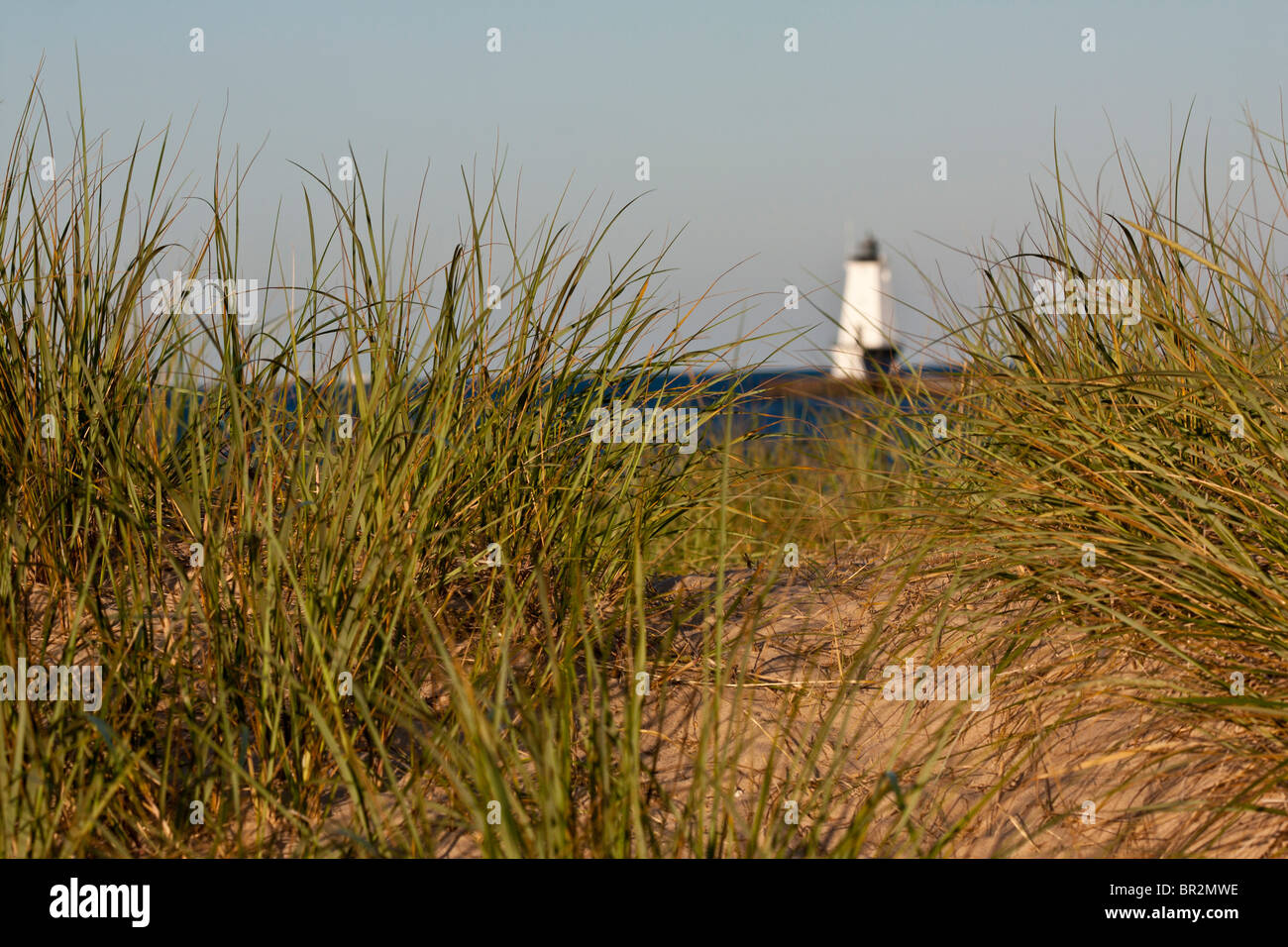 Lake Michigan MI in USA US Great Lakes White Lighthouse with a sand ...