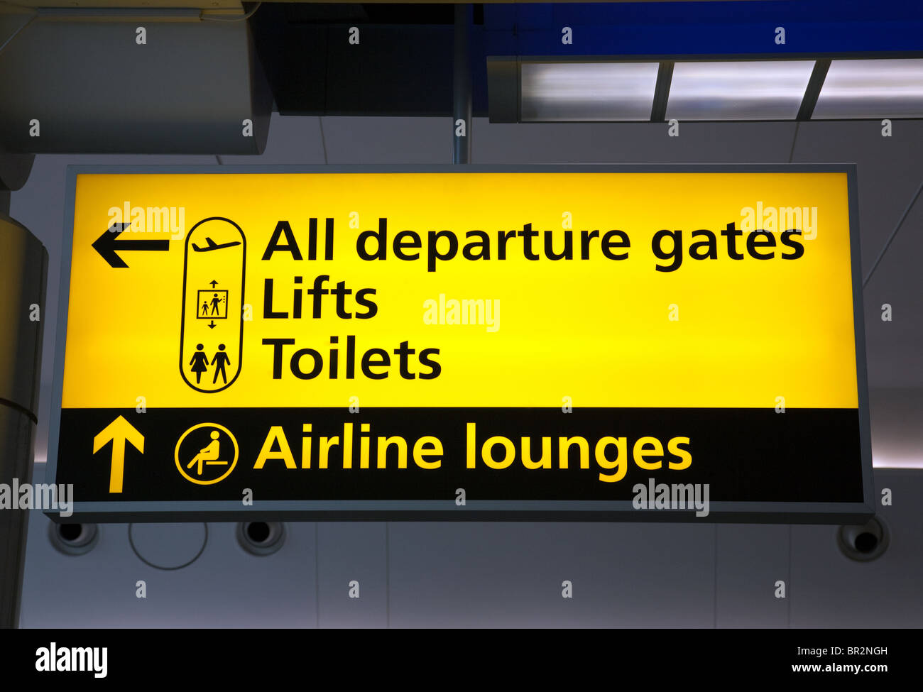 Departure gates, lifts and toilets sign, South Terminal Gatwick airport ...