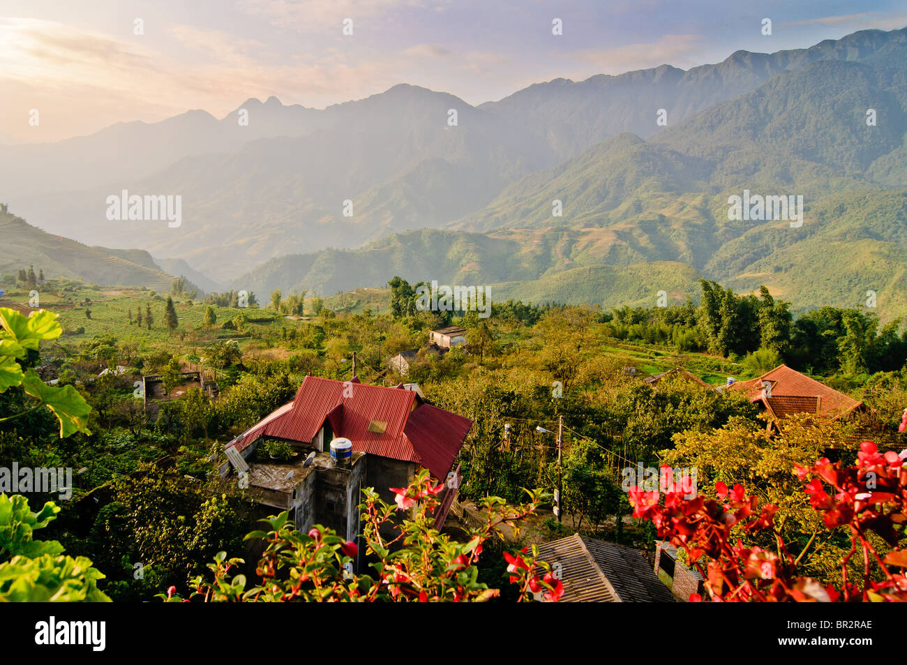 A beautiful view over the Sapa valley from a balcony in Sapa, Vietnam ...