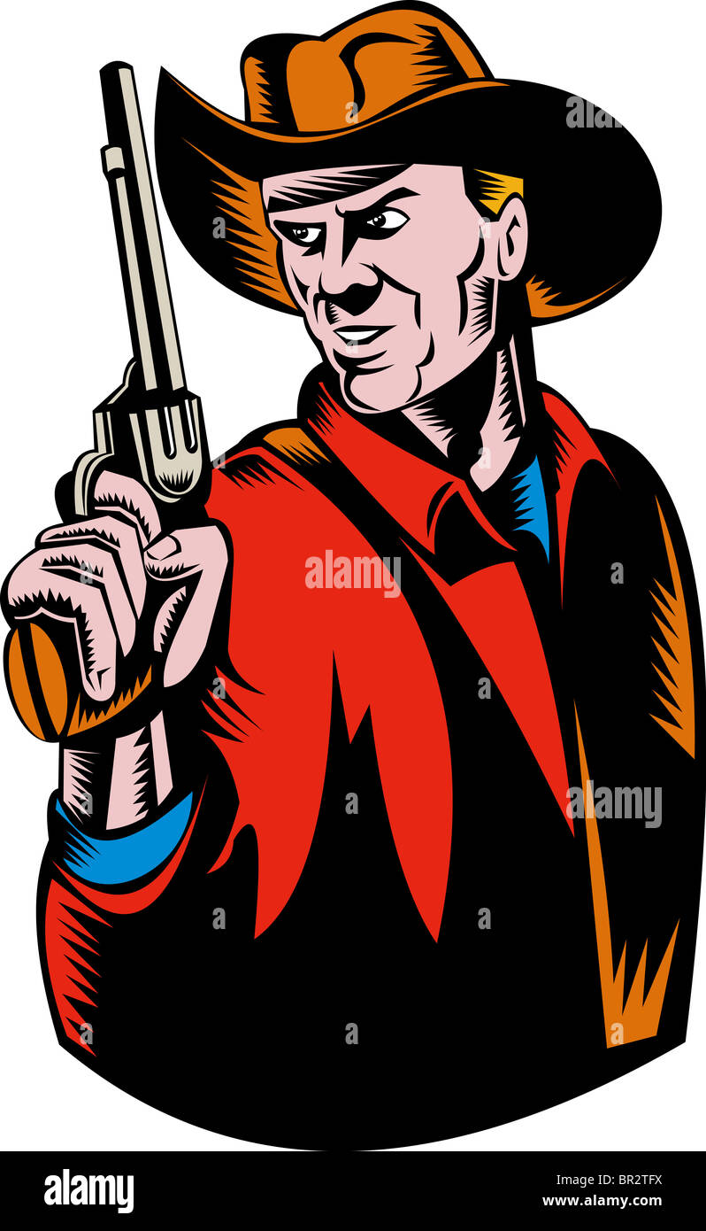 retro style illustration of a cowboy with gun pistol revolver looking ...