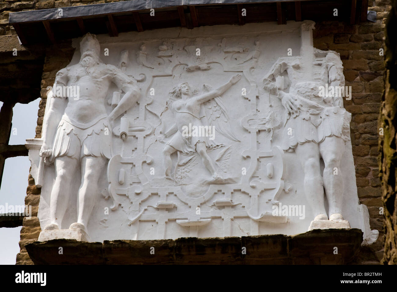 Ornate plaster work in the ruins of Hardwick old hall in Derbyshire ...