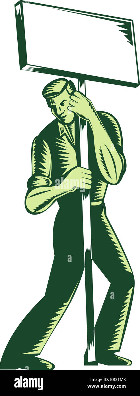 Illustration of a Male worker protesting carrying a placard sign done ...