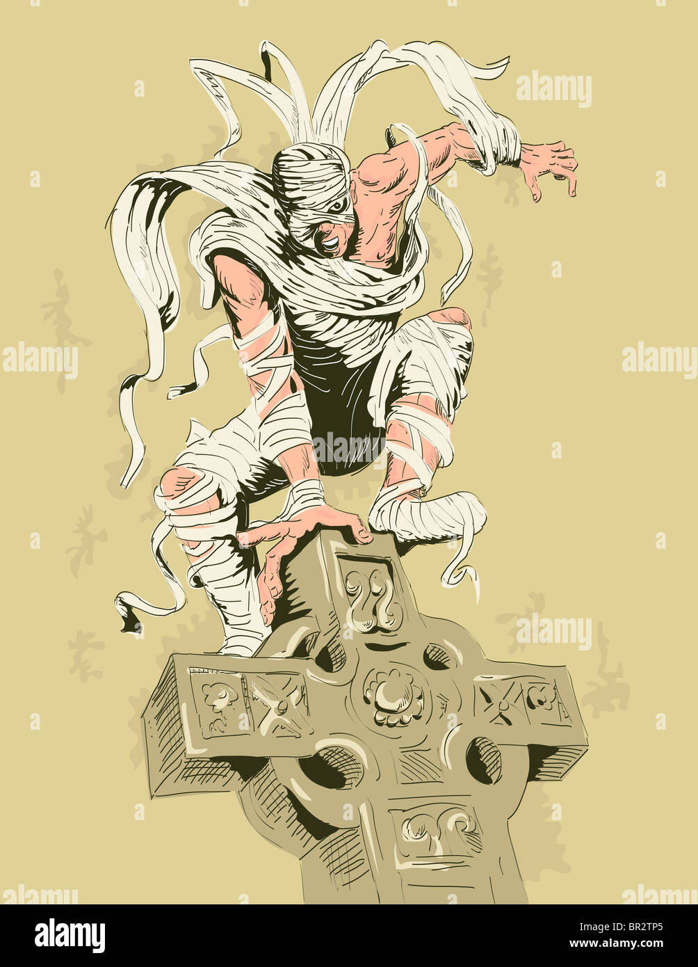 hand drawn illustration of a Mummy or half dead man with bandages ...