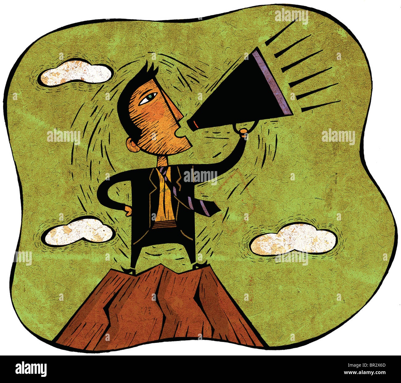 Businessman standing on peak of mountain yelling through a megaphone ...
