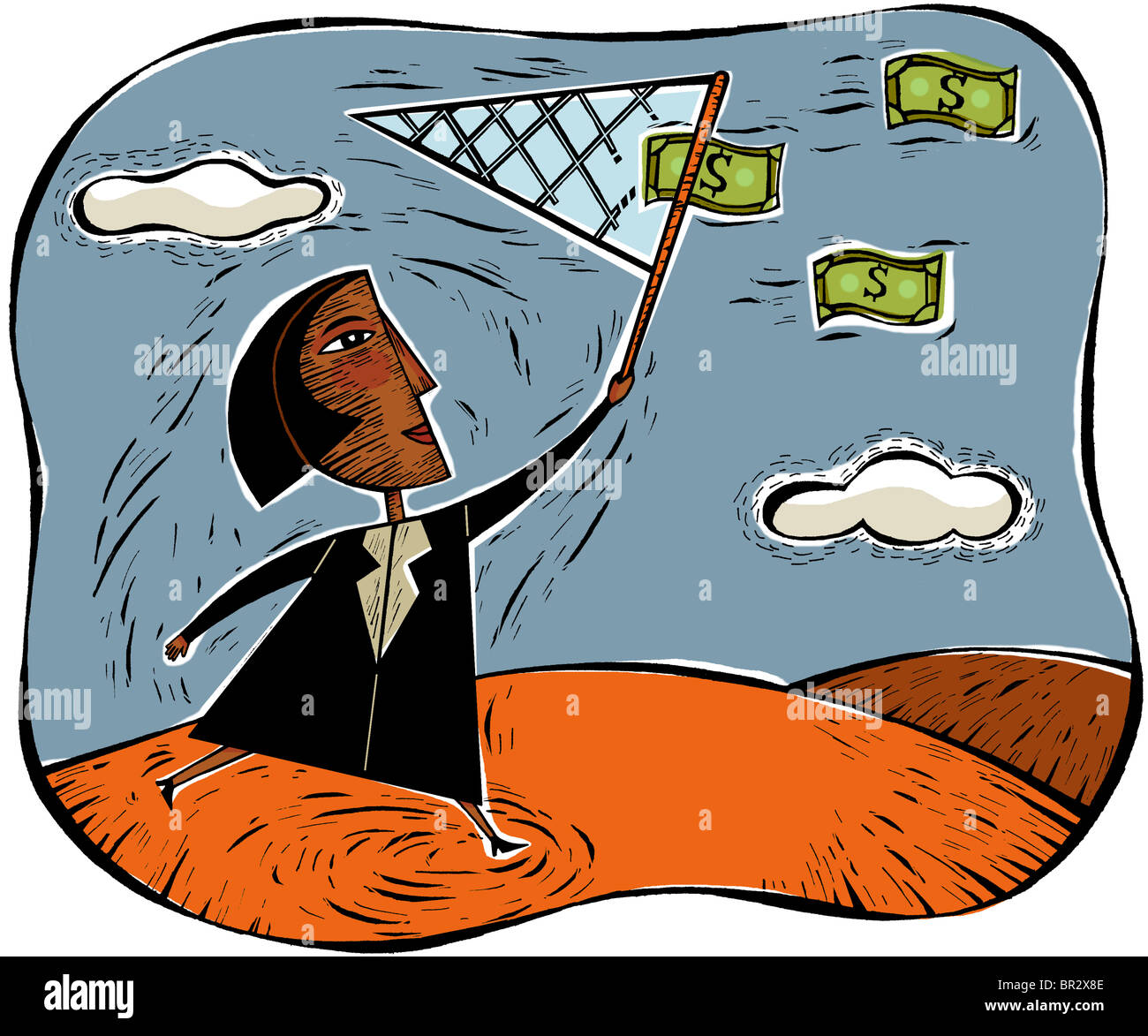 An illustration of a businesswoman catching money using a net Stock ...