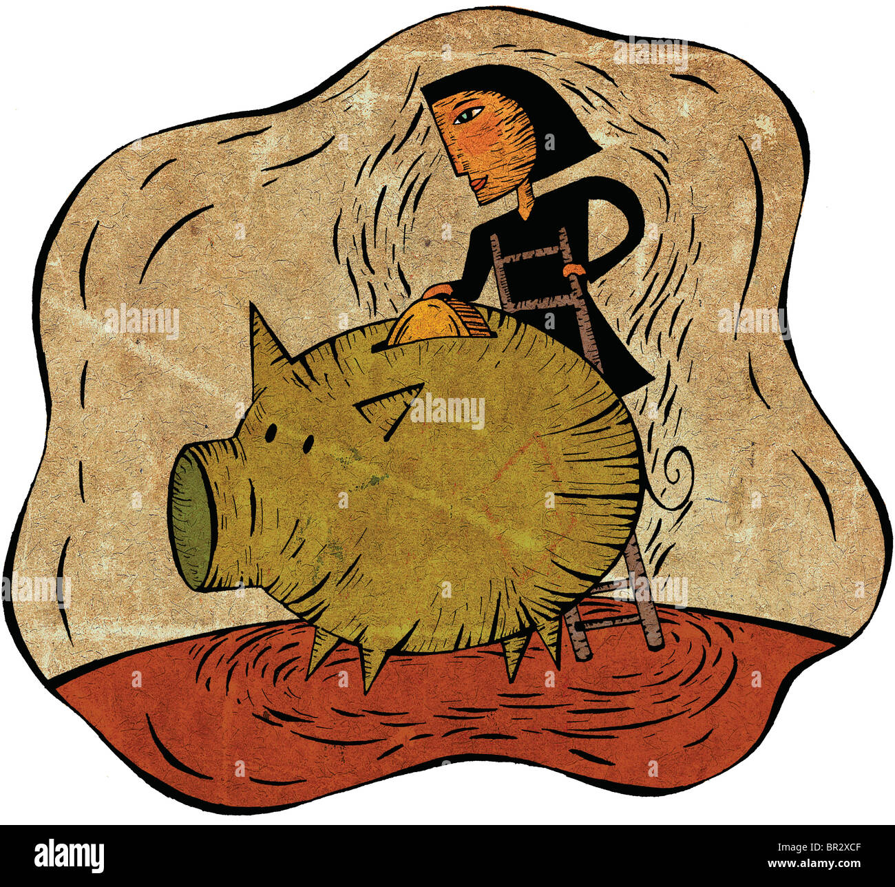 Woman on a ladder putting a coin into a giant piggy bank Stock Photo ...