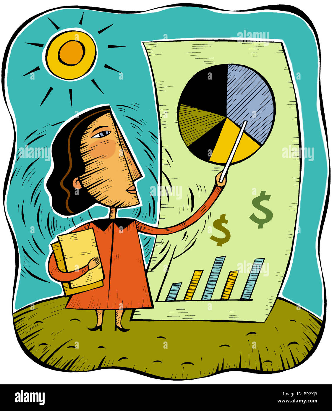 An illustration of a woman pointing to a pie chart Stock Photo - Alamy