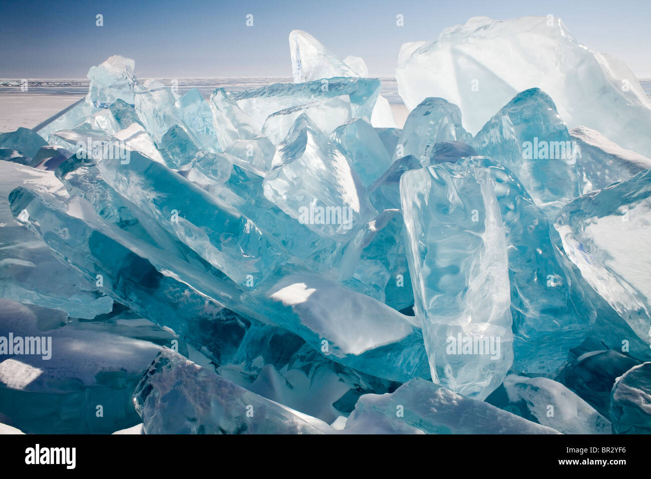Cracked ice formations on the frozen Lake Baikal during the winter in ...