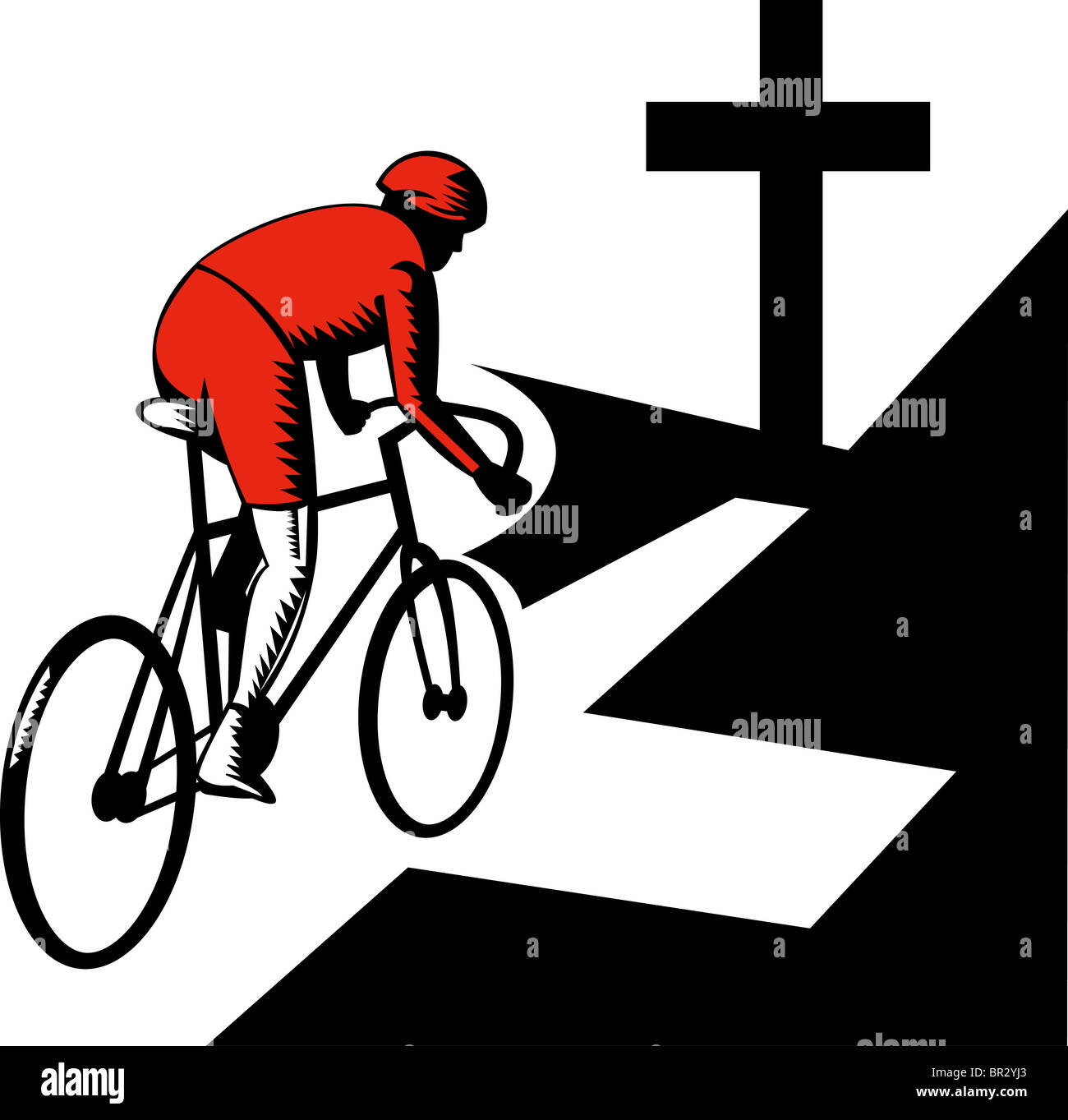 Cyclist racing on bicycle with cross on road Stock Photo - Alamy