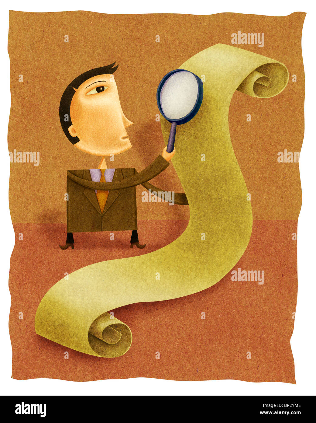 A businessman using a magnifying glass to examine a long list Stock ...