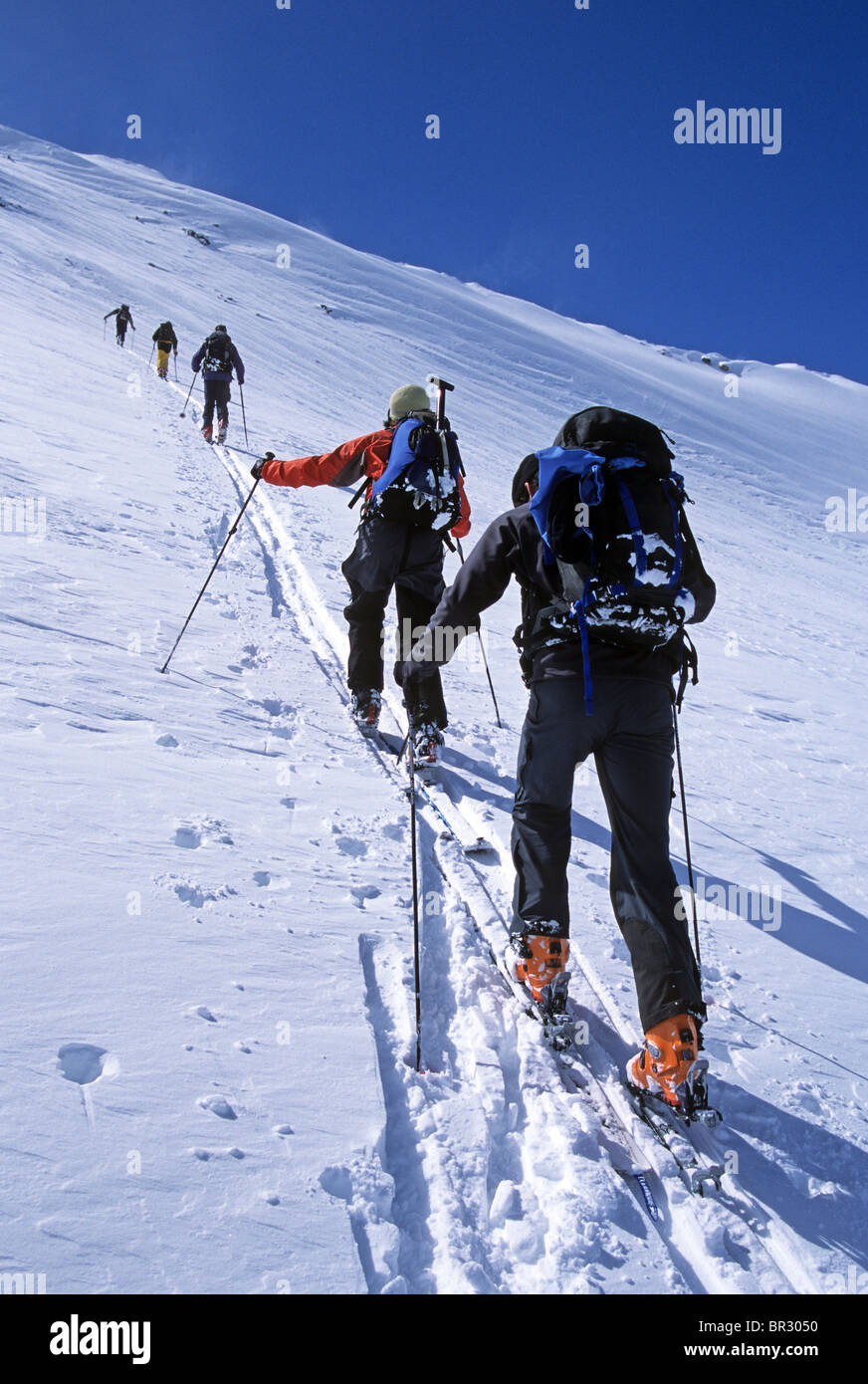 Backcountry skiers ascendng steep slope onto glacier Stock Photo - Alamy