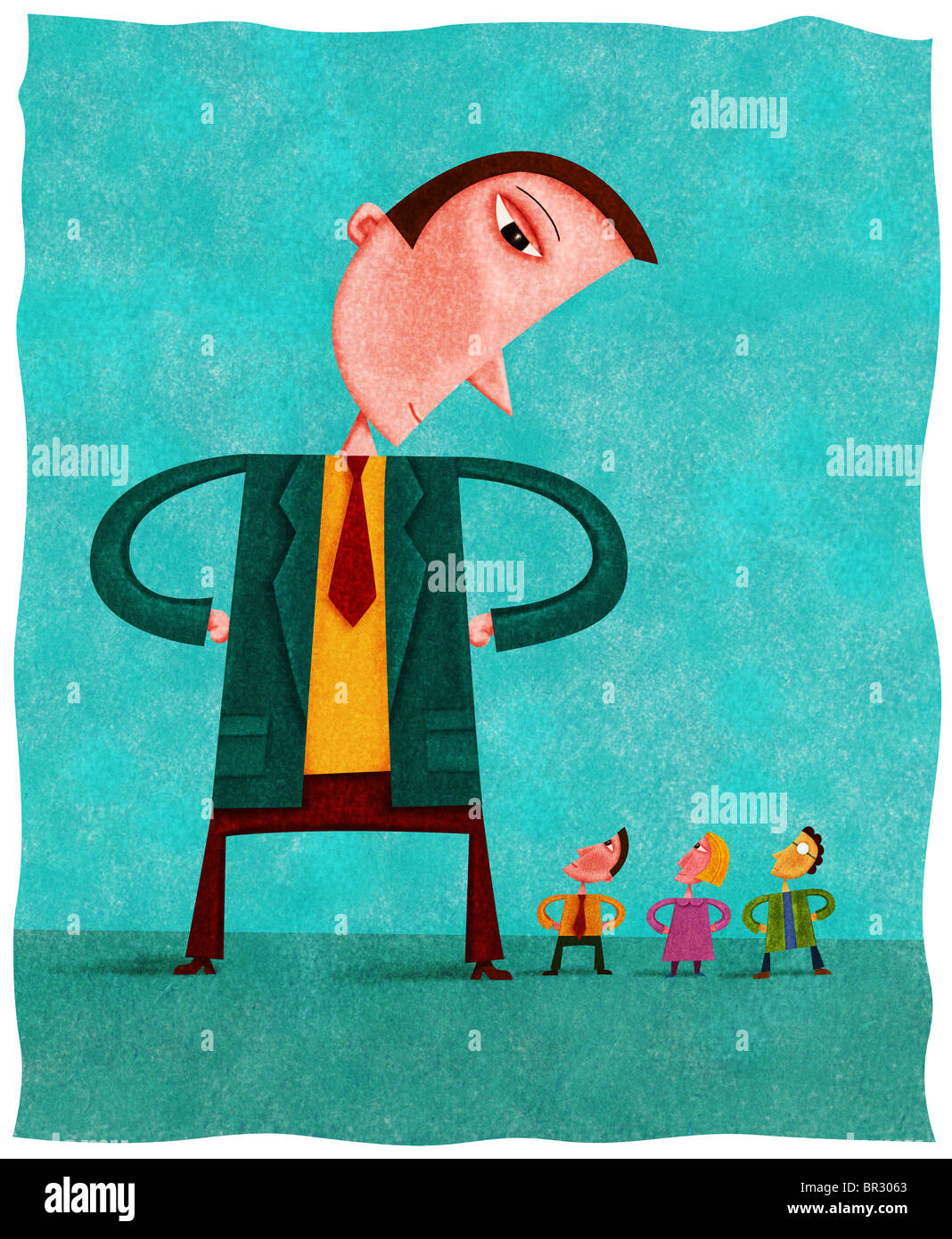 A giant businessman looking down on three small people Stock Photo - Alamy